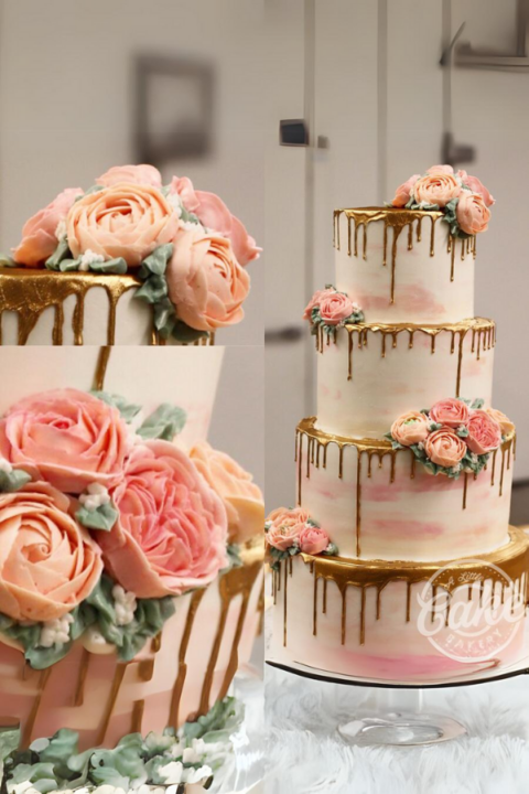Buttercrean Flower With Gold Drip Wedding Cake