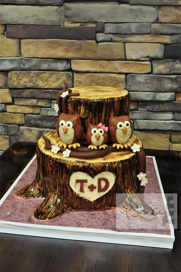 C302 – Tree Stump Custom Cake With Owls And Initials