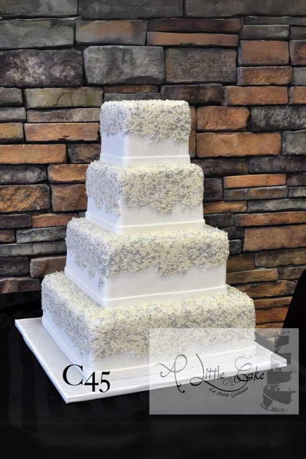 C45 – Rectangular Fondant Wedding Cake With White And Silver Bead Design