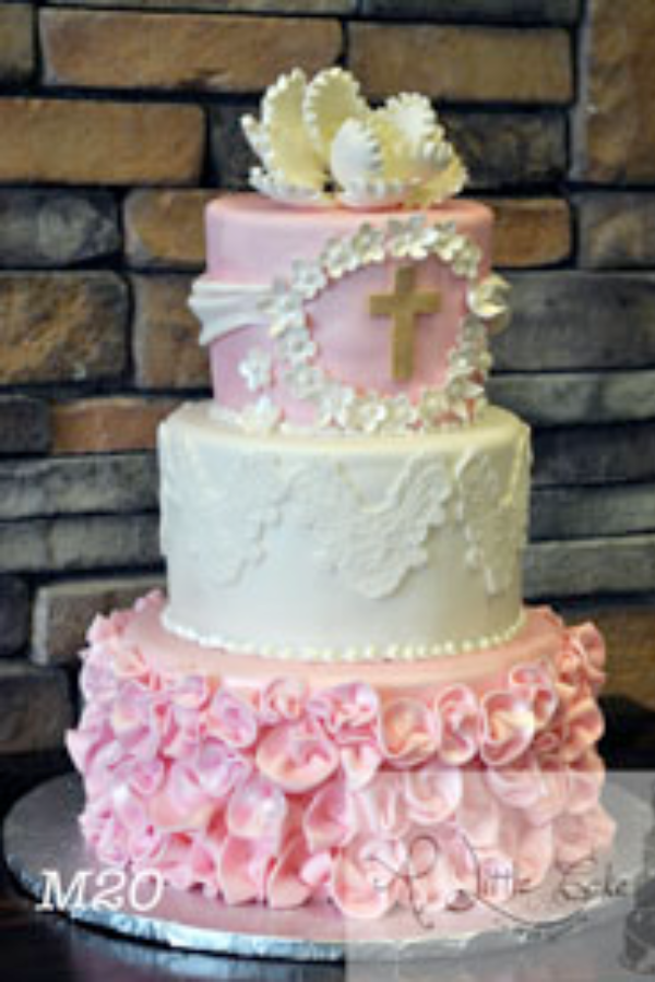M20 – White and Pink Ruffled Communion Cake
